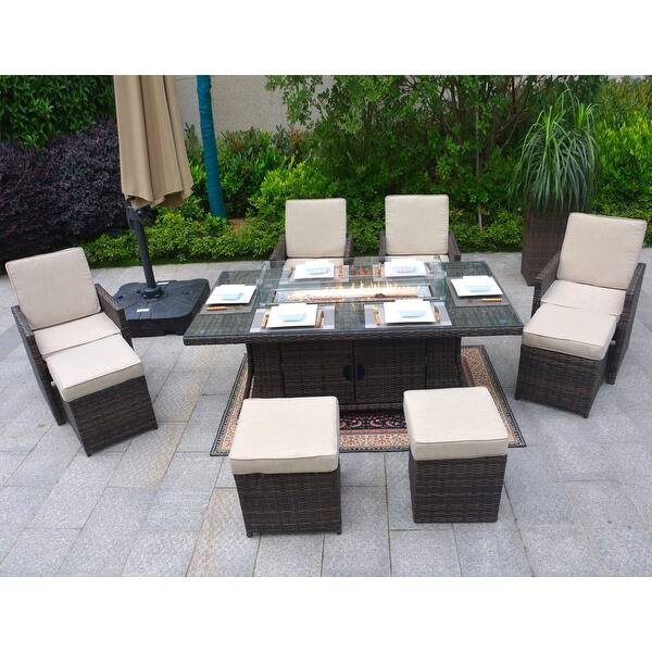 Gosata 9-Piece Outdoor Rectangle Gas Fire Table Patio Wicker Dining Set ...