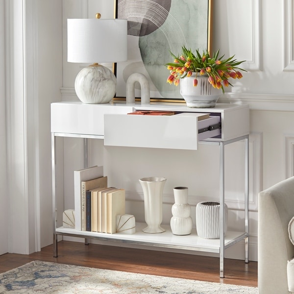 Simple Living White and Chrome Metal High Gloss Console Table On Sale Bed Bath Beyond 12958561