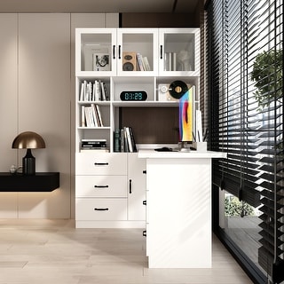 55.1"W Space-Saving Desk & Bookcase Combo with Display Cabinets Large ...