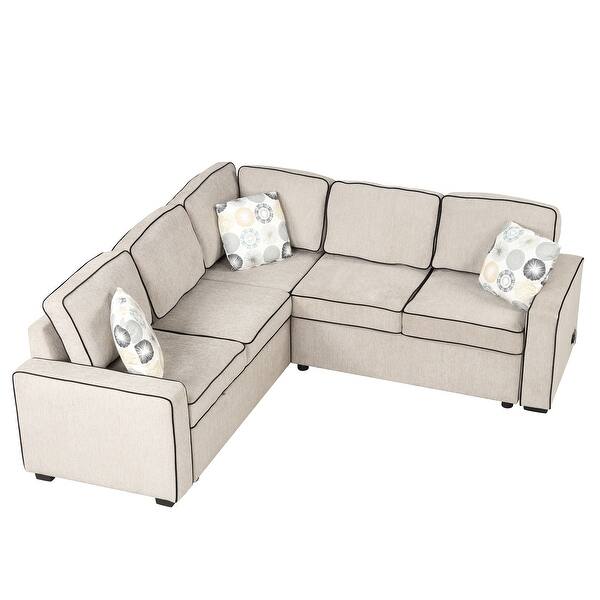 Modern Sectional Sleeper Sofa L-Shaped Cream Linen Recliner Chair Bed ...