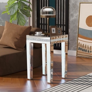 Modern Glass Mirrored Side Table with Crystal Design and Adjustable ...