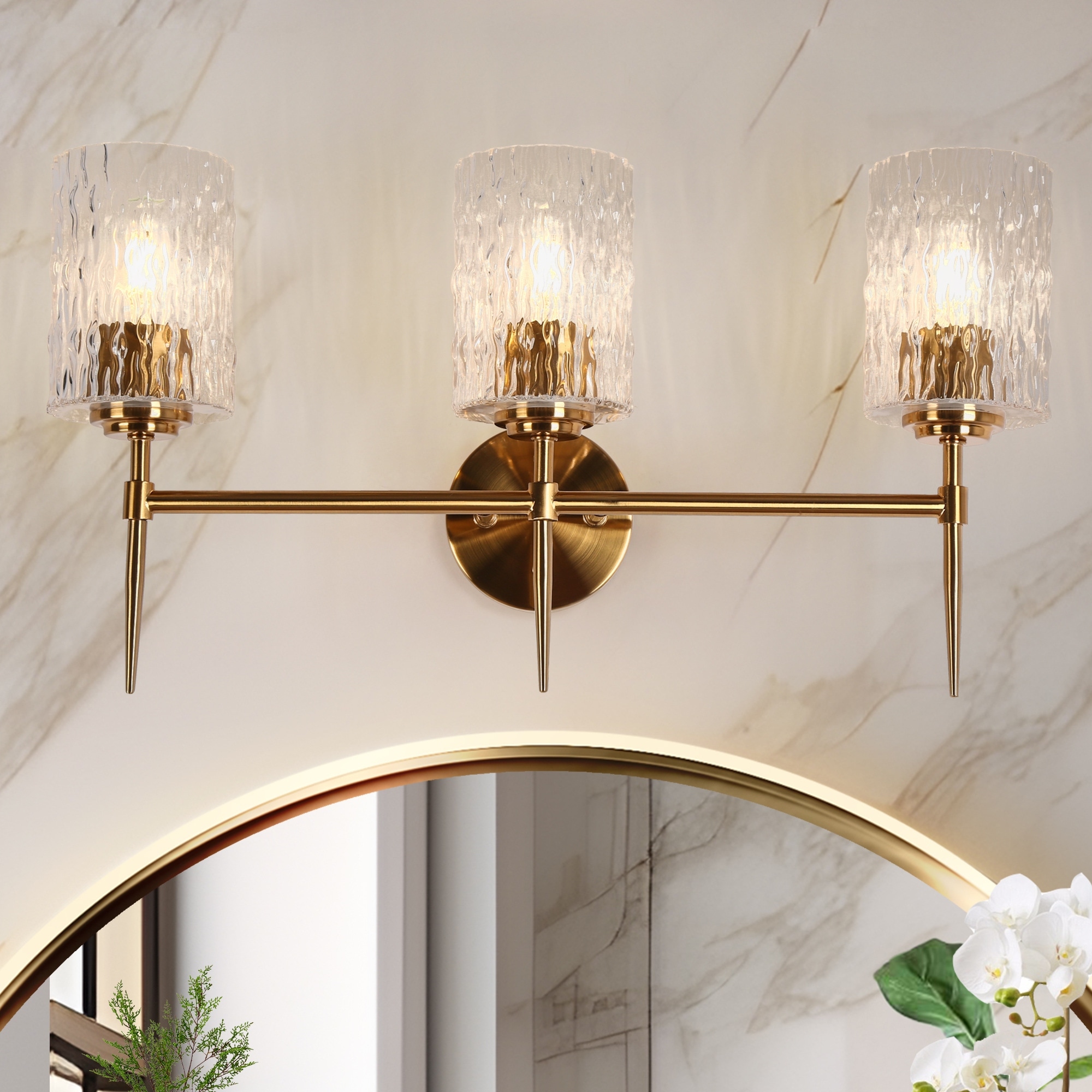 Modern Gold 4-Light Bathroom Vanity Lights Textured Glass Wall Sconces ...