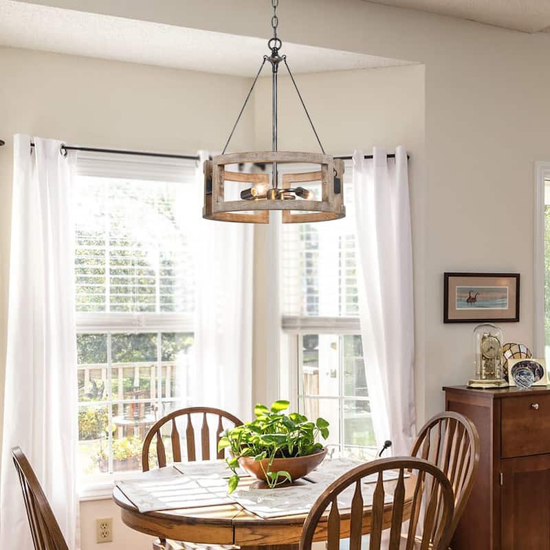 Farmhouse 3-Light Wood Drum Chandelier for Dining Room - Distressed ...