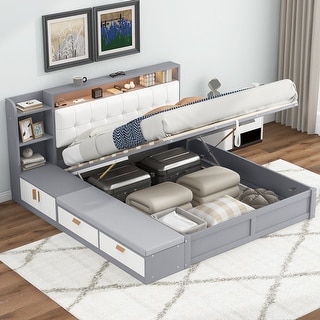 Queen Size Lift Up Storage Bed Frame with Storage Shelves & Bedside ...