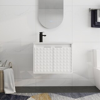 30" Striped Navy Blue Bathroom Vanity with White Ceramic Sink, Wall ...