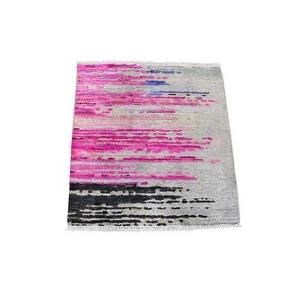 Shahbanu Rugs Erased Horizontal Line Design ,Pink Sari Silk With ...