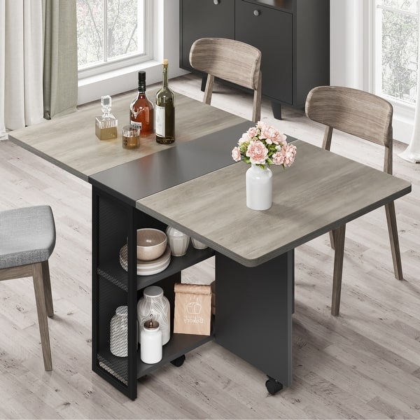 Drop Leaf Dining Table for 6 People with Storage Rack and Wheels - On ...