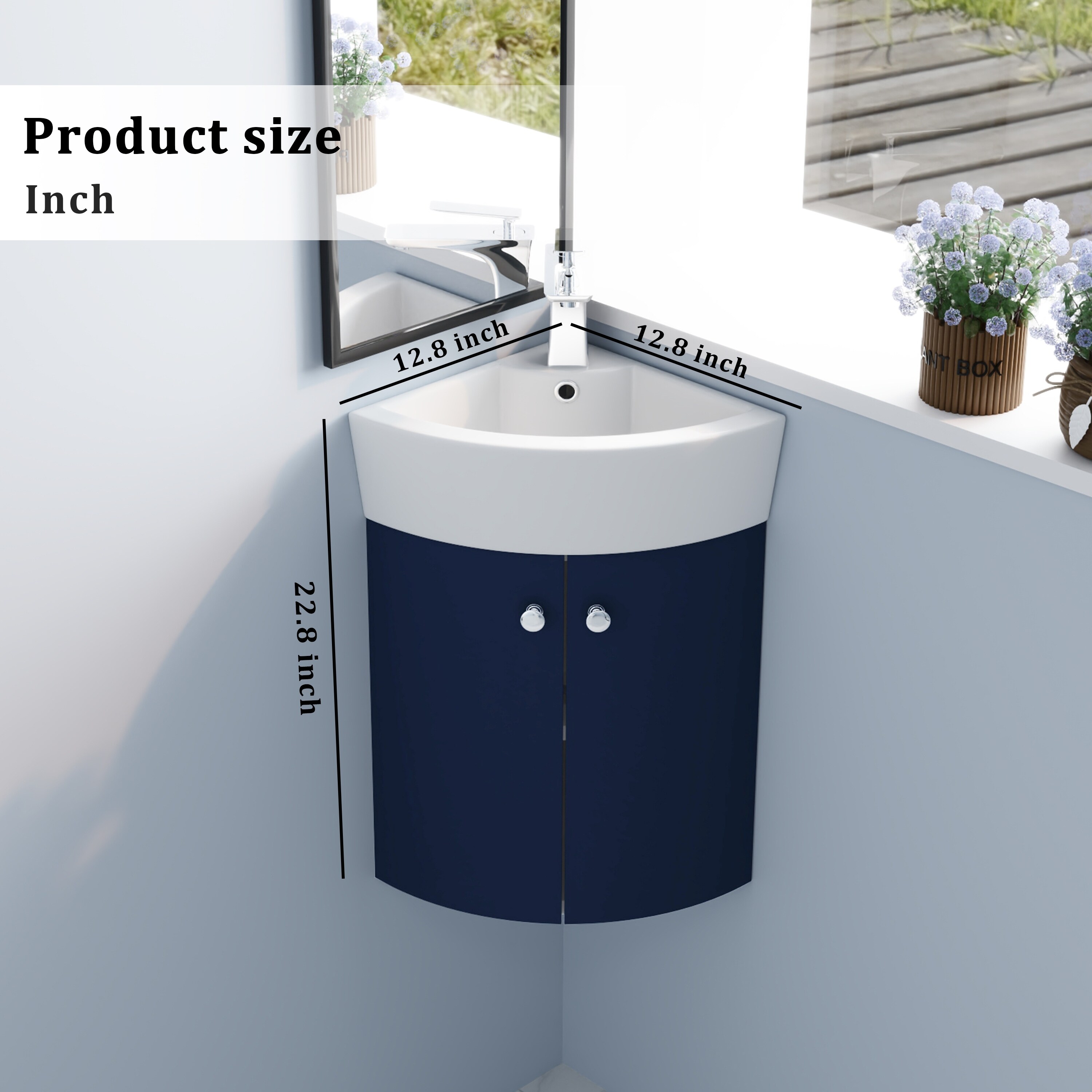 Compact Corner Wall Mounted Vanity with White Ceramic Sink Soft Closing Doors Scratch Water Resistant 12.8in L Plywood