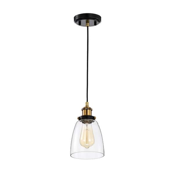 Black and Antique Brass Finish 1-Light Mini Pendant with Clear Bell ...