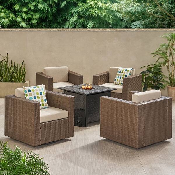 Puerta Outdoor Wicker and Aluminum 5-pieace Swivel Chair and Fire Pit ...
