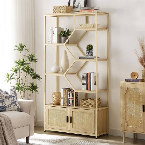 5 tiers Rattan Bookshelf & Bookcases Storage Rack with cabinet - Bed ...