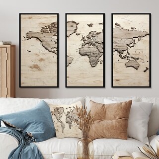 Designart "Rustic Routes World Map" World Map Framed Art Set of 3 ...