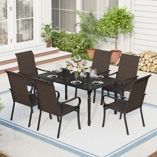 7-Piece Rattan Dining Chairs & Metal Rectangle Table Outdoor Dining Set ...