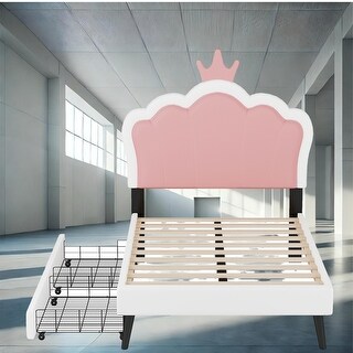 Princess Twin Platform Bed with Crown Headboard, 2 Storage Drawers, and ...