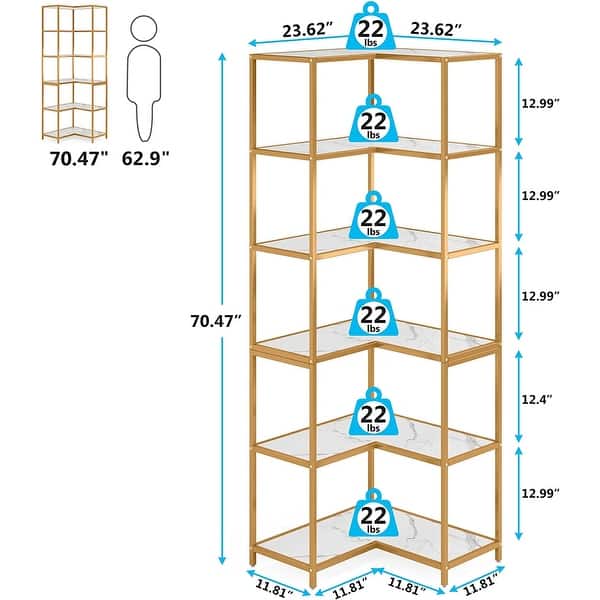 6-Shelf Corner Bookshelf, 70.9 Inch Tall L Shaped Display Rack - Bed ...