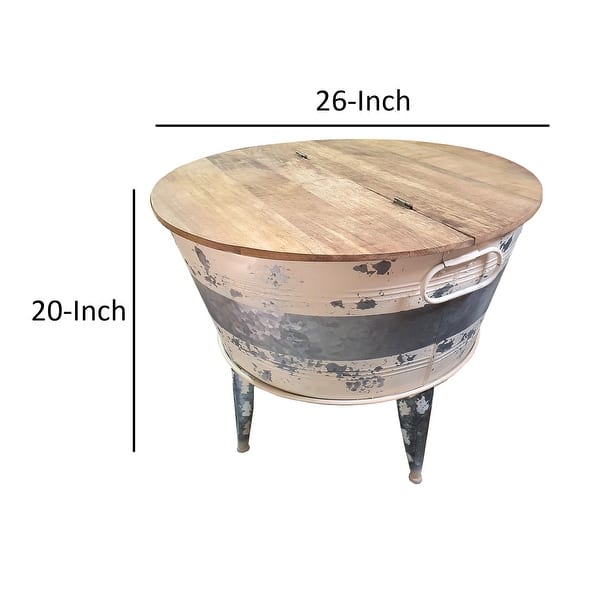 26 inch Accent Round Cocktail Table, Tub Like Iron Base, Brown, Gray ...