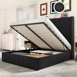 Queen Bed Frame Lift Up Hydraulic Storage Upholstered Charging Port ...