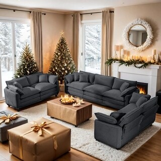 Large Deep Sofa Set of 3 Sofas with Cushions and Pillows, Grey - Bed ...