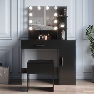 Modern Dressing table with Drawers, Rectangular with Mirror, Black ...
