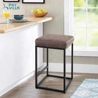 PHI VILLA 24" High Square Barstool, Backless Metal Frame Leather ...