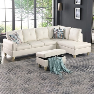 L-shape Pearl White Leather Sofa Upholstered Semi-assembled Modular Sofa Set - Bed Bath & Beyond ...