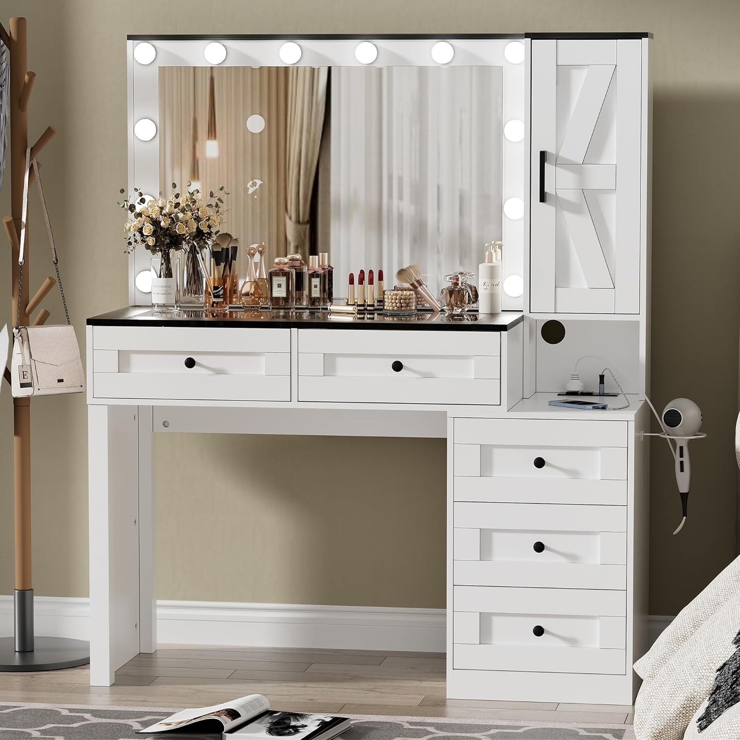 Moasis 43.3" Mirror Makeup Vanity Table with Stool and Mirror Bulbs ...