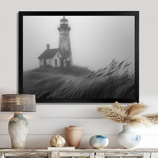 Designart "Monochrome Black White Lighthouse Winter Fog Cliff I ...