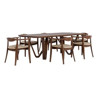 Niva 7pc Dining Table Set, 6 Fabric Side Chairs, Brown Full Solid Wood ...