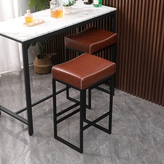 Set of 2 Metal Legs Upholstered PU Leather Backless Bar Stool with ...