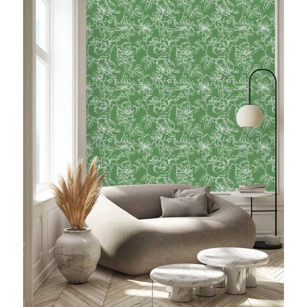Green Wallpaper with Floral Outline Peel and Stick and Prepasted - Bed ...