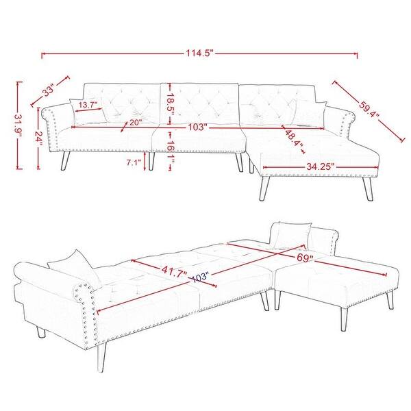 L-Shape Sectional Sofa Reversible Sleeper Velvet Relax Lounge Sofa with ...