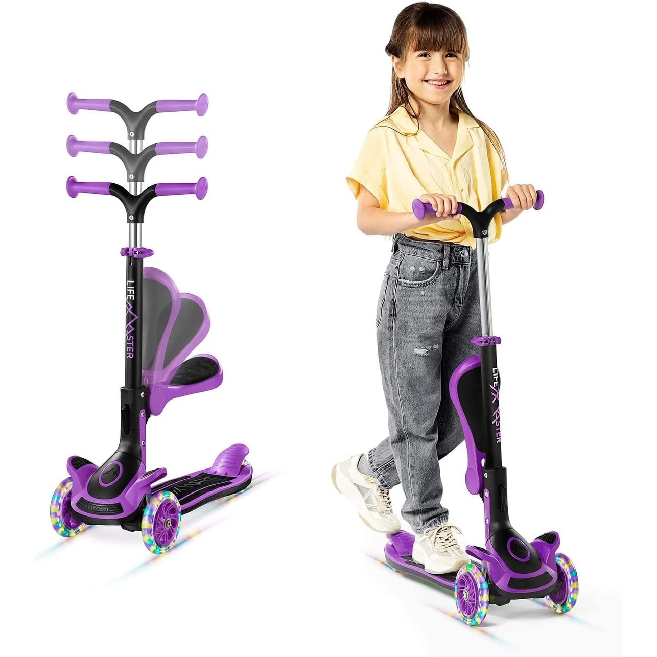 Kids Scooter Foldable Seat LED Wheel Lights Purple