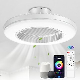 20" Modern White Enclosed Low Profile Smart LED Ceiling Fan Works with ...