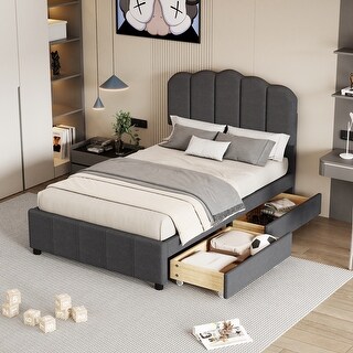 Twin Bed, Stitched Tufted Wingback Bed, Gray Frame Bed with 2 Drawers ...