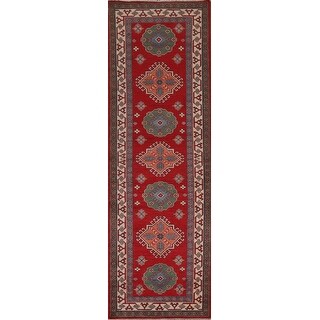 Traditional Geometric Kazak Oriental Red Wool Runner Rug Hand-knotted ...