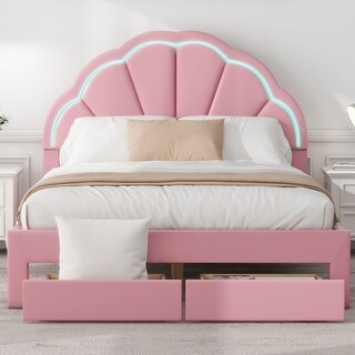 Full Size Upholstered Platform Bed with Seashell Shaped Headboard, LED ...