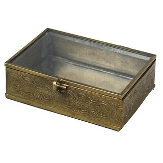 Rectangular Metal Box with Embossed Floral Pattern and Glass Lid, Brass ...