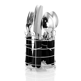 16 pc Plastic Handle Silverware in Black with Wire Organzier - Bed Bath ...
