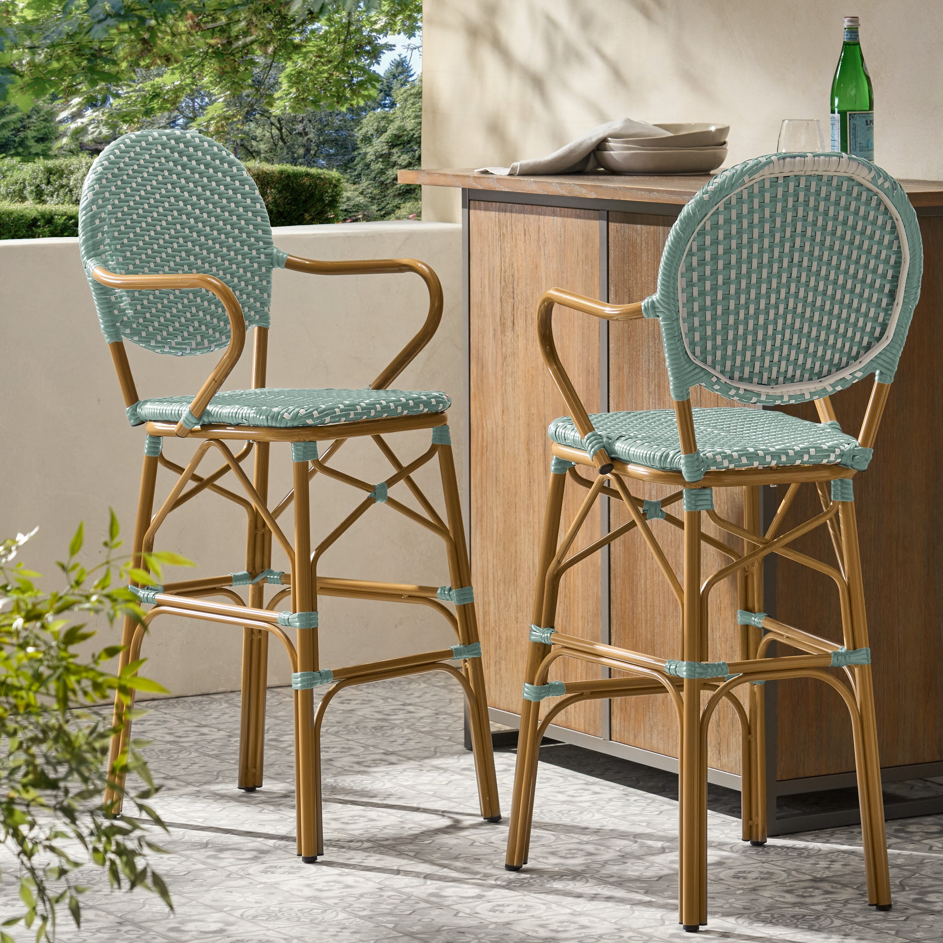 Set of 2 Wicker Barstool with Round Backrest High Chair Cafe Counter Stool Outdoor Lounge Entertainment Chair Teal