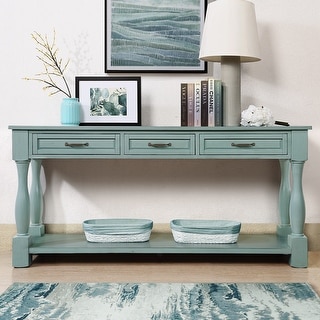 Retro Blue Pine Wood Console Table with 3 Drawers and 1 Bottom Shelf ...