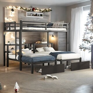 Multi-Functional Metal Full XL over Twin & Twin Triple Bunk Bed With Drawers,, Bed Head with ...