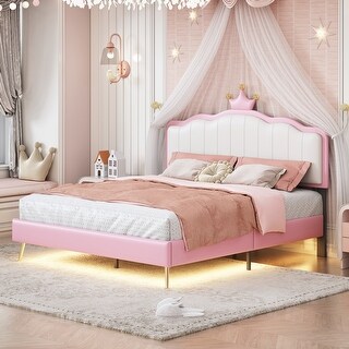 Full Size Upholstered Princess Bed with Crown Headboard, Wooden Full ...