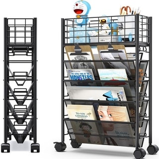 5 Tier Metal Rolling Book Movable Book Rack Storage Bookshelf - 16.5"D ...