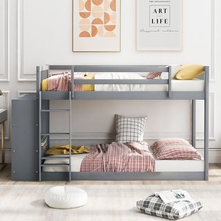 Twin over Twin Bunk Bed with Attached Cabinet and Shelves Storage - Bed ...