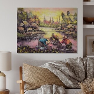 Designart 'Retro Asian Rice Farm Landscape II' Traditional Wood Wall ...