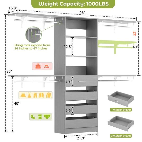 Rackcog 96'' Closet System with 4 Drawers and 4 Hanging Rods, 8FT Wood ...