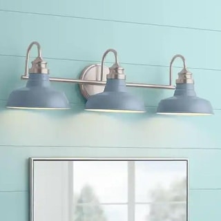 3-Light Brushed Nickel Farmhouse Vanity with Slate Blue Metal Shades ...