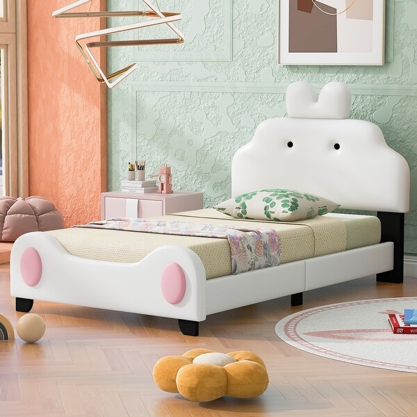 Twin Size Upholstered Platform Bed with Cute Cartoon Headboard Footboard Sturdy Construction Easy Assembly Pink White