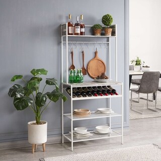 Bakers Rack with Storage Shelfs, Wine Rack and Hooks - White/Gray - Bed ...