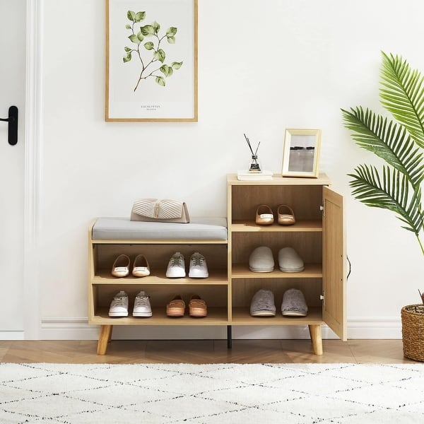 2-in-1 Shoe Storage Bench with Rattan Door Adjustable Shelves - Bed ...